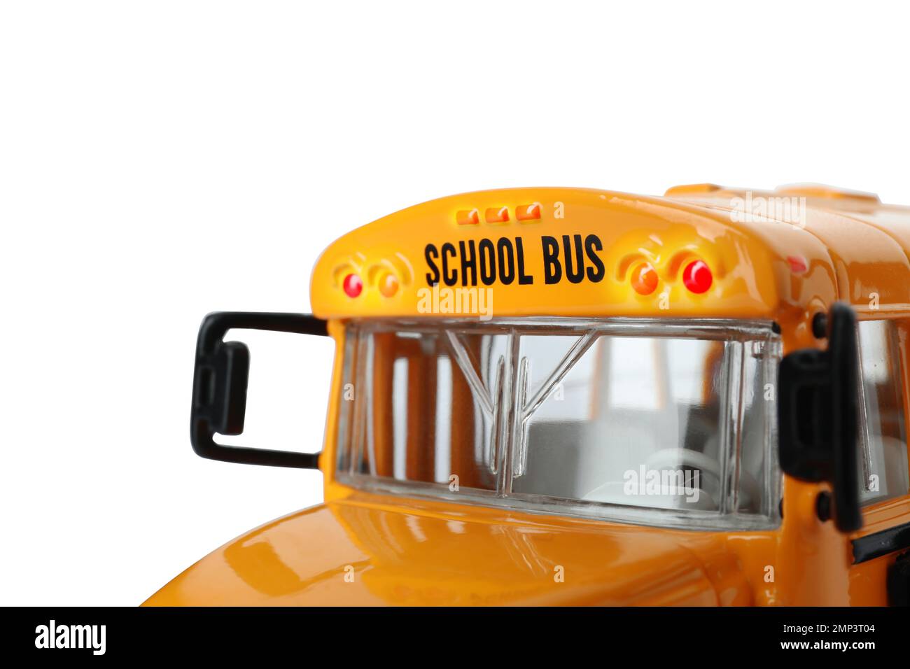 Yellow school bus on white background, closeup. Transport for students ...
