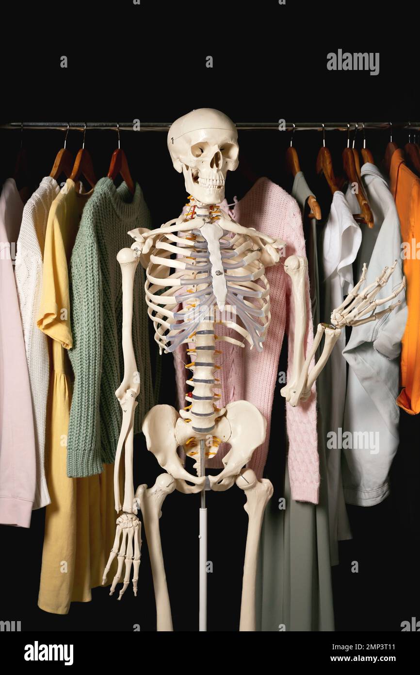 Artificial human skeleton model among clothes in wardrobe Stock Photo ...