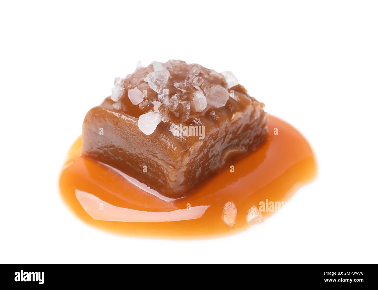 Delicious salted caramel with sauce on white background Stock Photo - Alamy