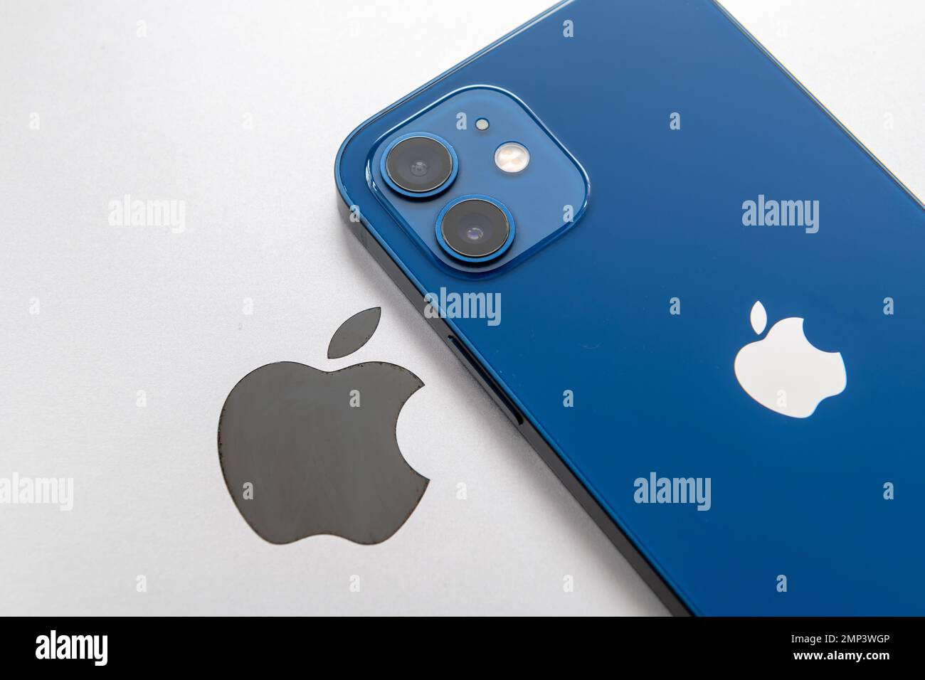 London. UK- 01.29.2023. The Apple company icon on the back of a MacBook ...