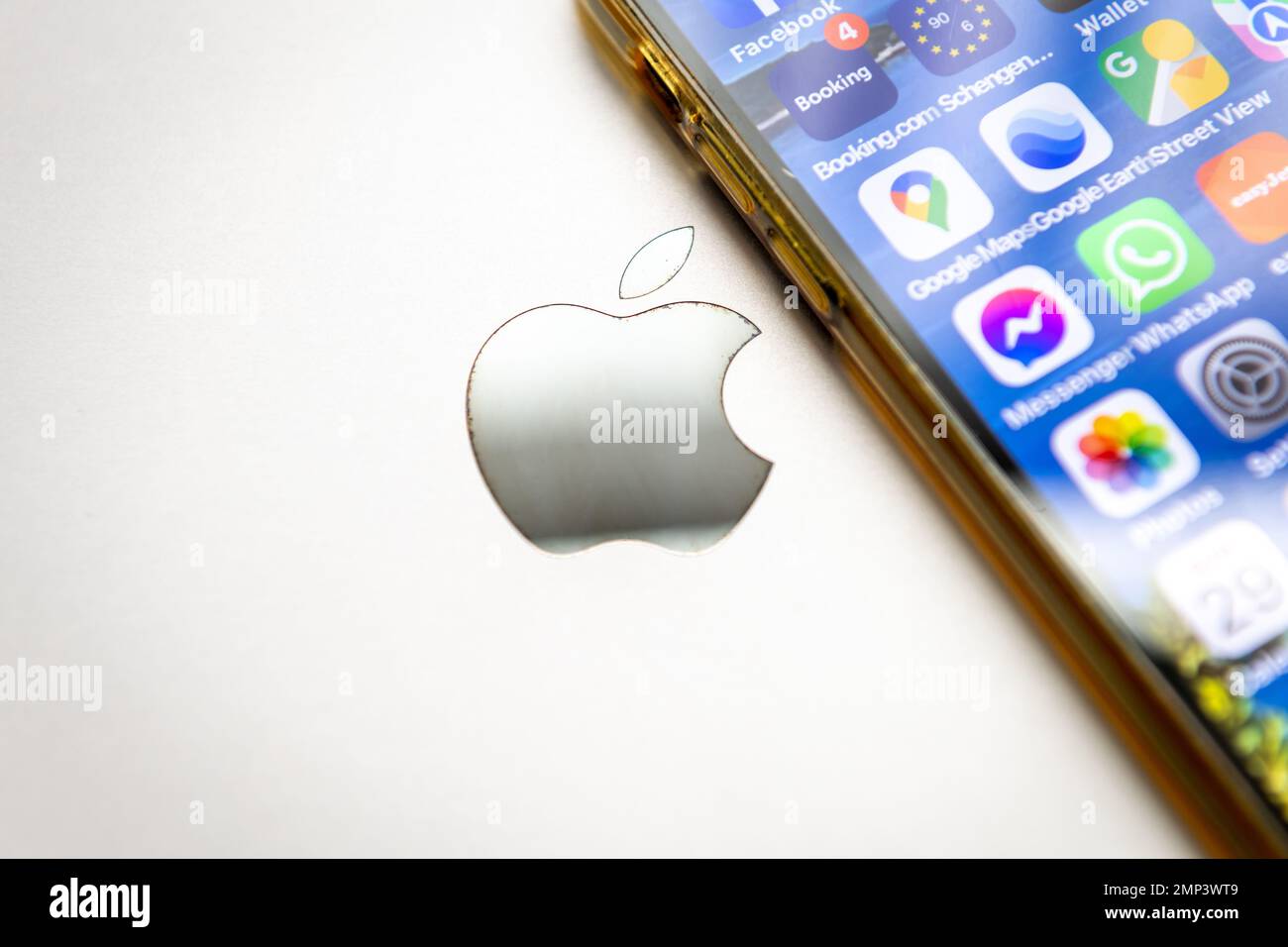 London. UK- 01.29.2023. The Apple company icon on the back of a MacBook ...