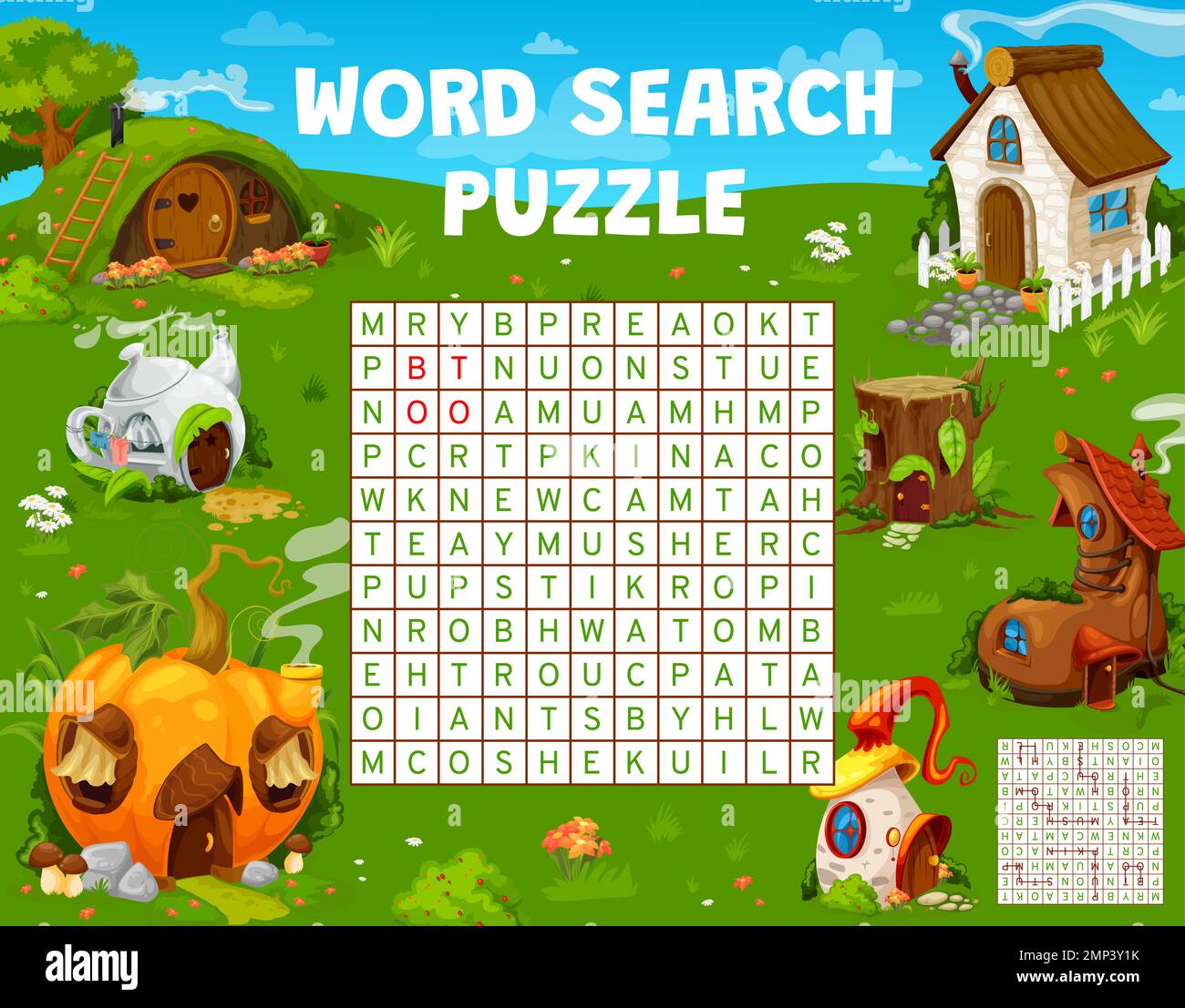 Cartoon fairytale houses on word search puzzle, vector game worksheet ...
