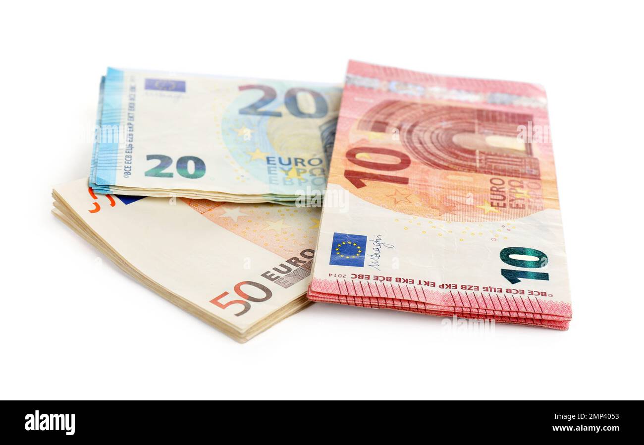 Euro banknotes on white background. Money and finance Stock Photo - Alamy