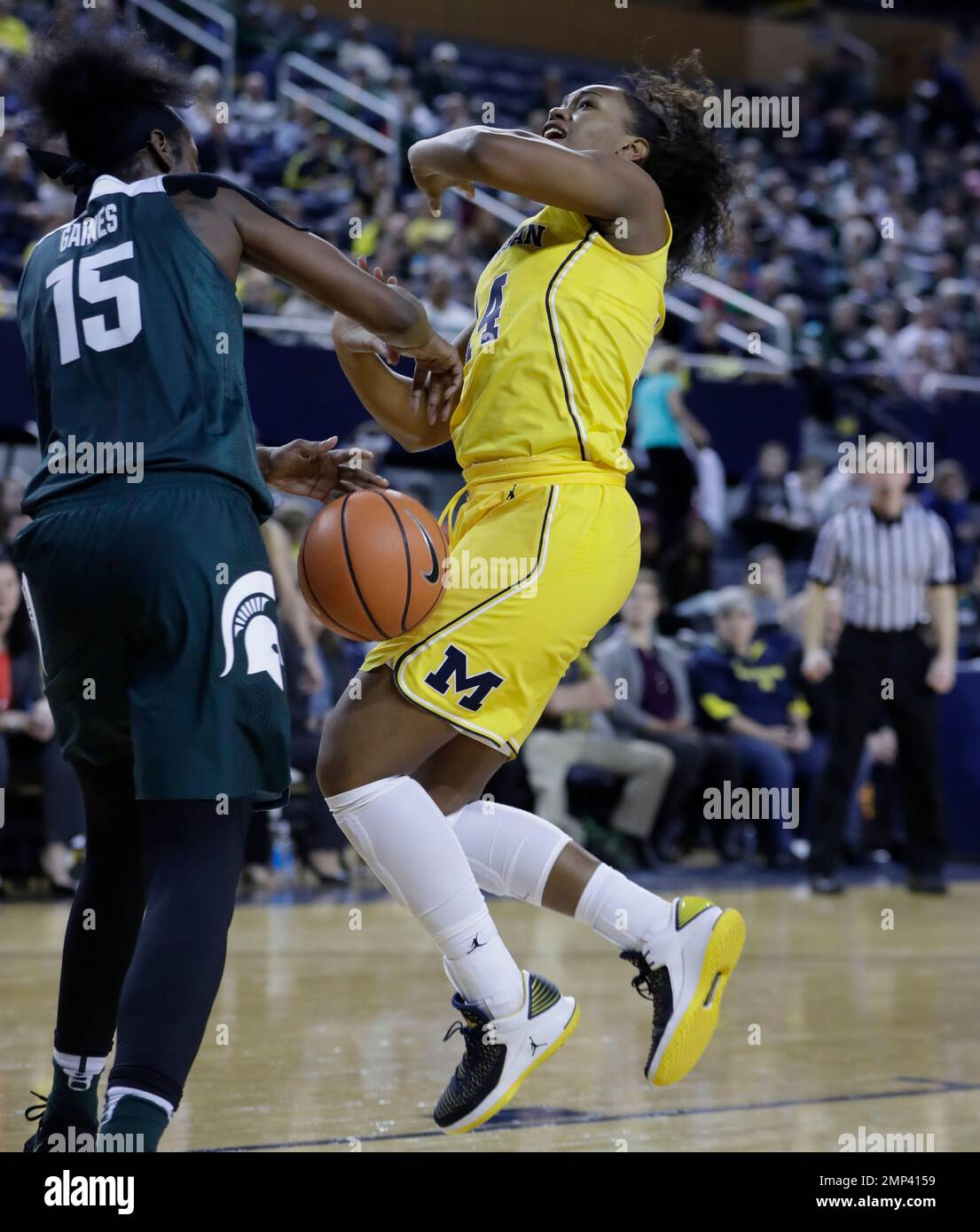 Michigan State forward Victoria Gaines (15) strips the ball away from ...
