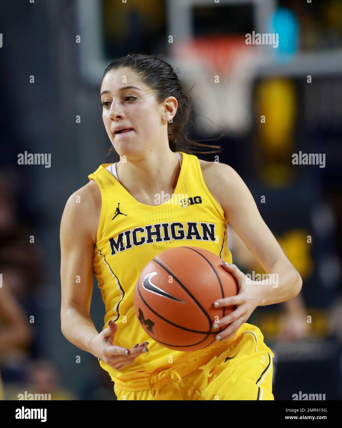 Michigan guard Katelynn Flaherty brings the ball up court during the ...
