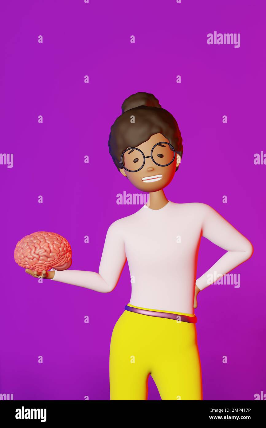 African American girl holds human brain neon light 3d rendering ...