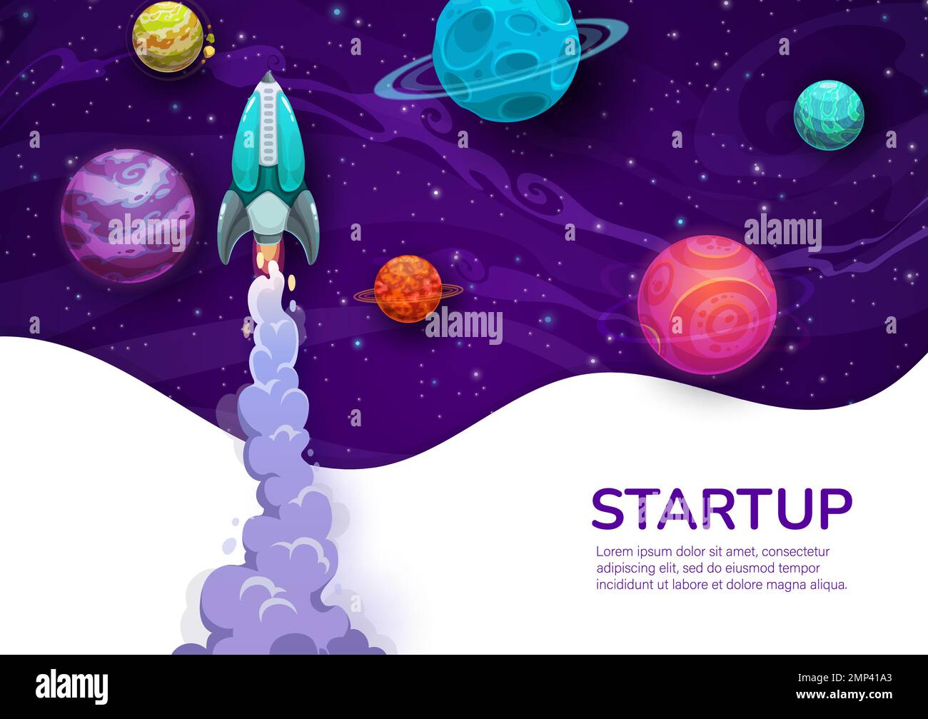 Business startup project. Rocketship launch and galaxy space planets ...