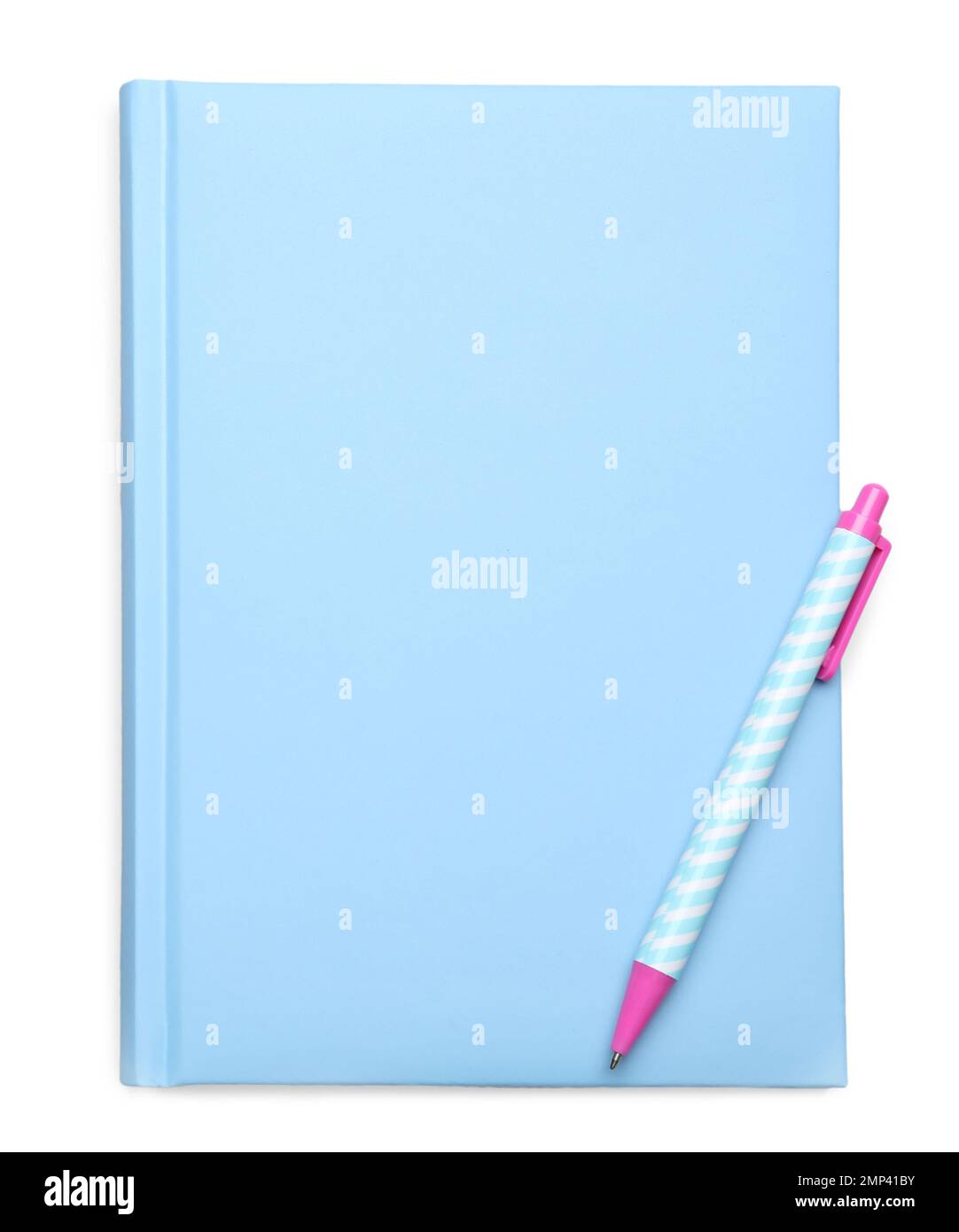 Stylish blue notebook and pen on light grey background, top view. Space ...