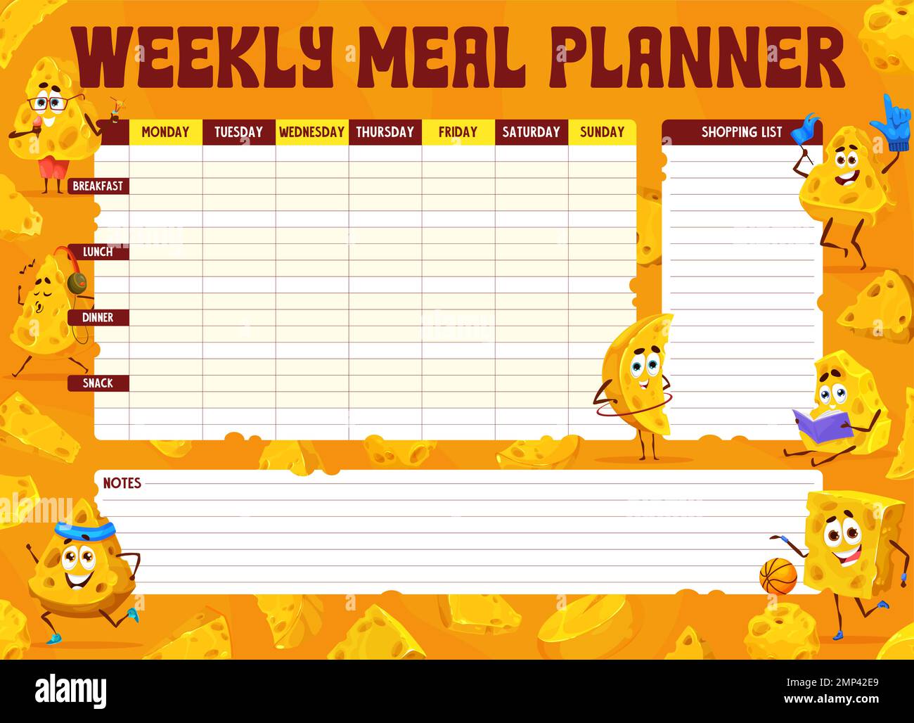 Weekly meal planner, cartoon maasdam and gouda cheese characters ...