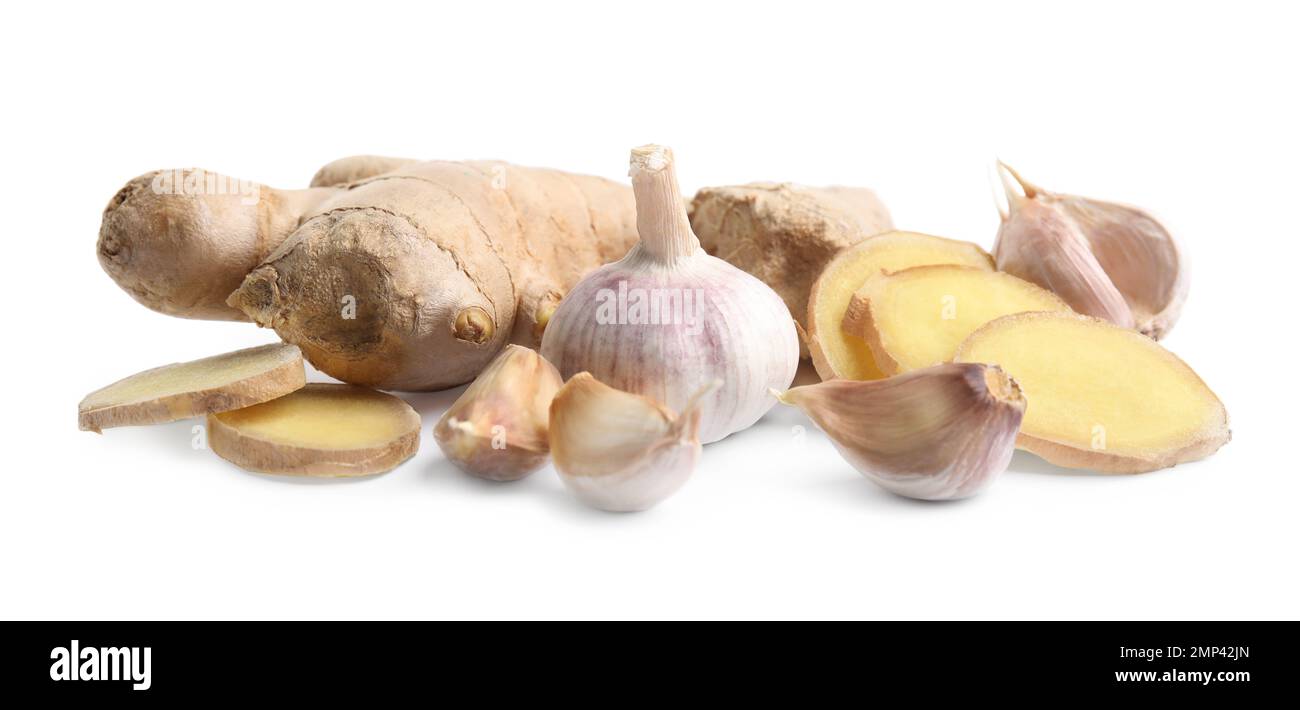 Fresh garlic and other natural cold remedies isolated on white Stock ...