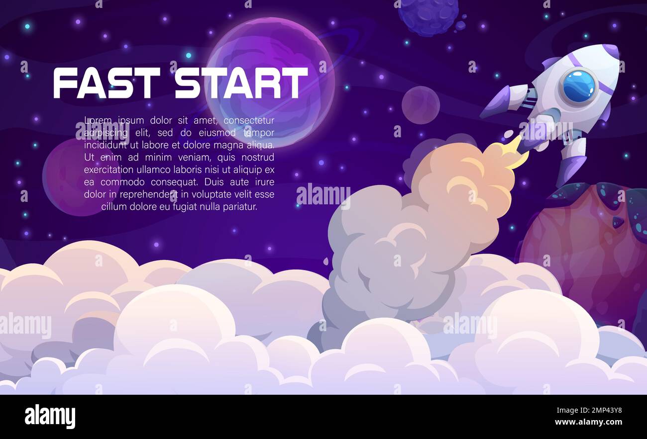 Fast business start, space rocket launch, cartoon spaceship with ...