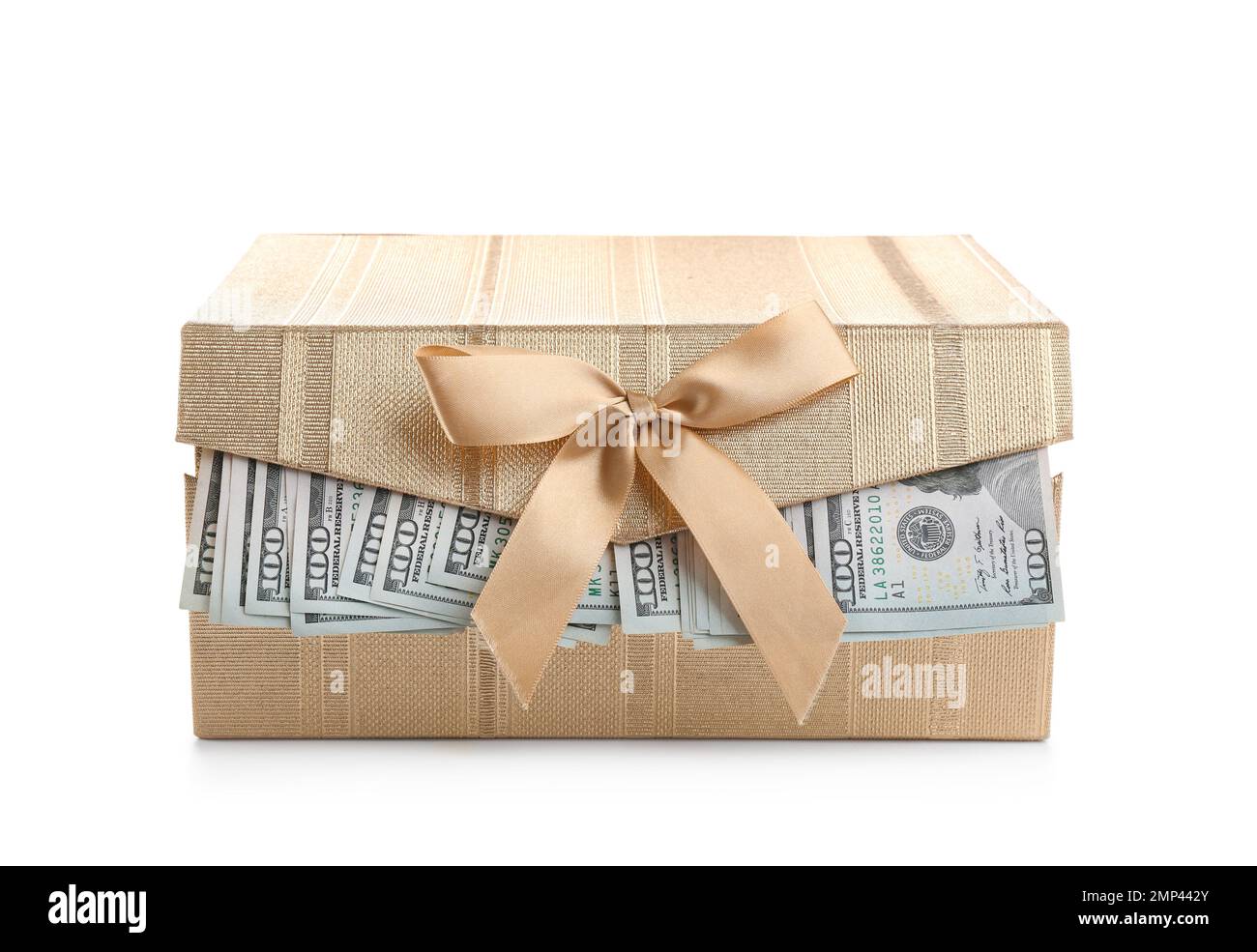Gift box with dollar bills isolated on white Stock Photo - Alamy