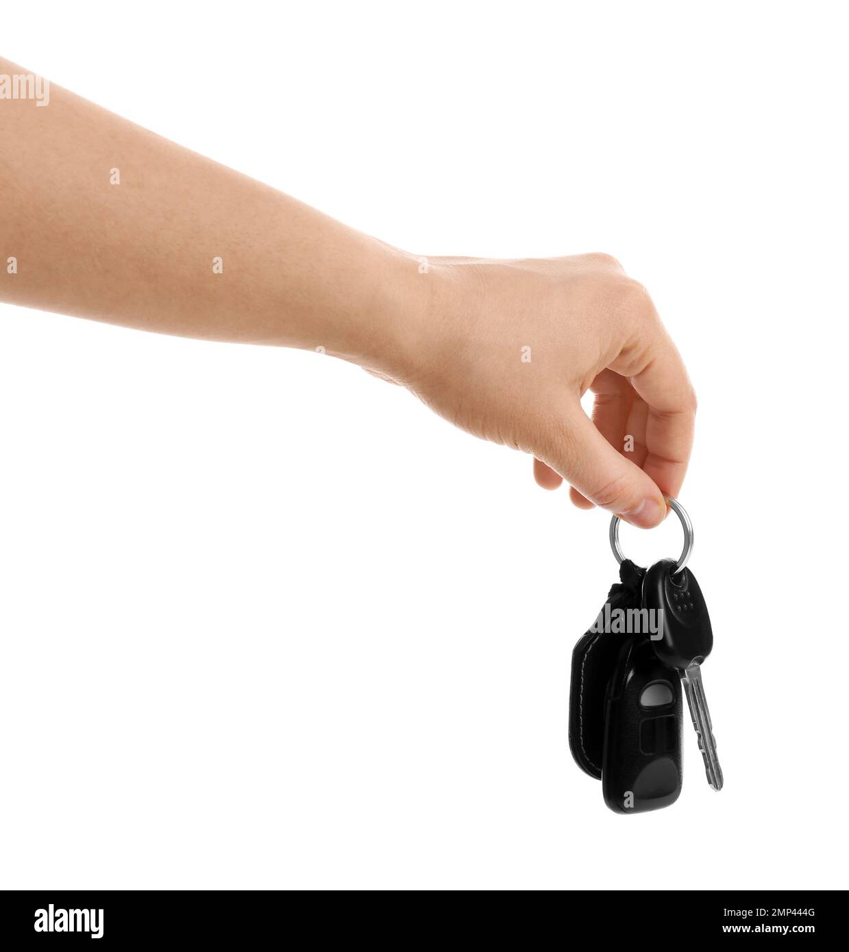 Woman holding key on white background, closeup. Car buying Stock Photo ...