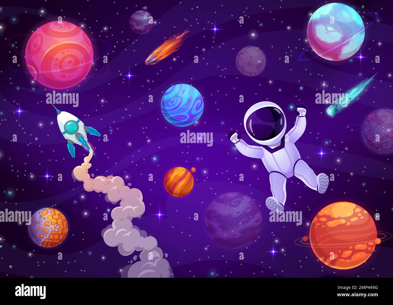 Cartoon astronaut in outer space. Galaxy starry landscape. Spaceman ...