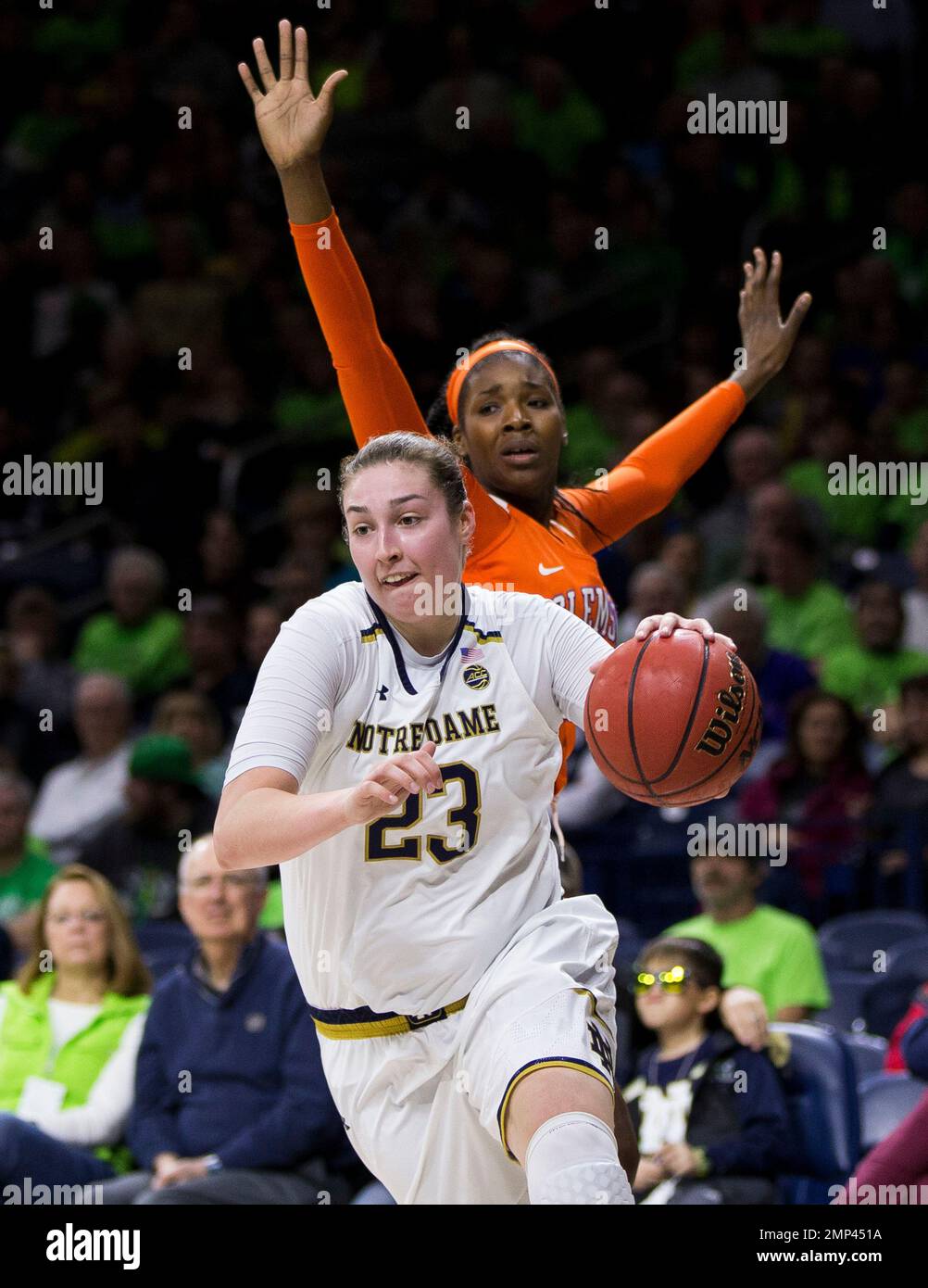 Notre Dame's Jessica Shepard (23) drives in front of Clemson's Sirah ...