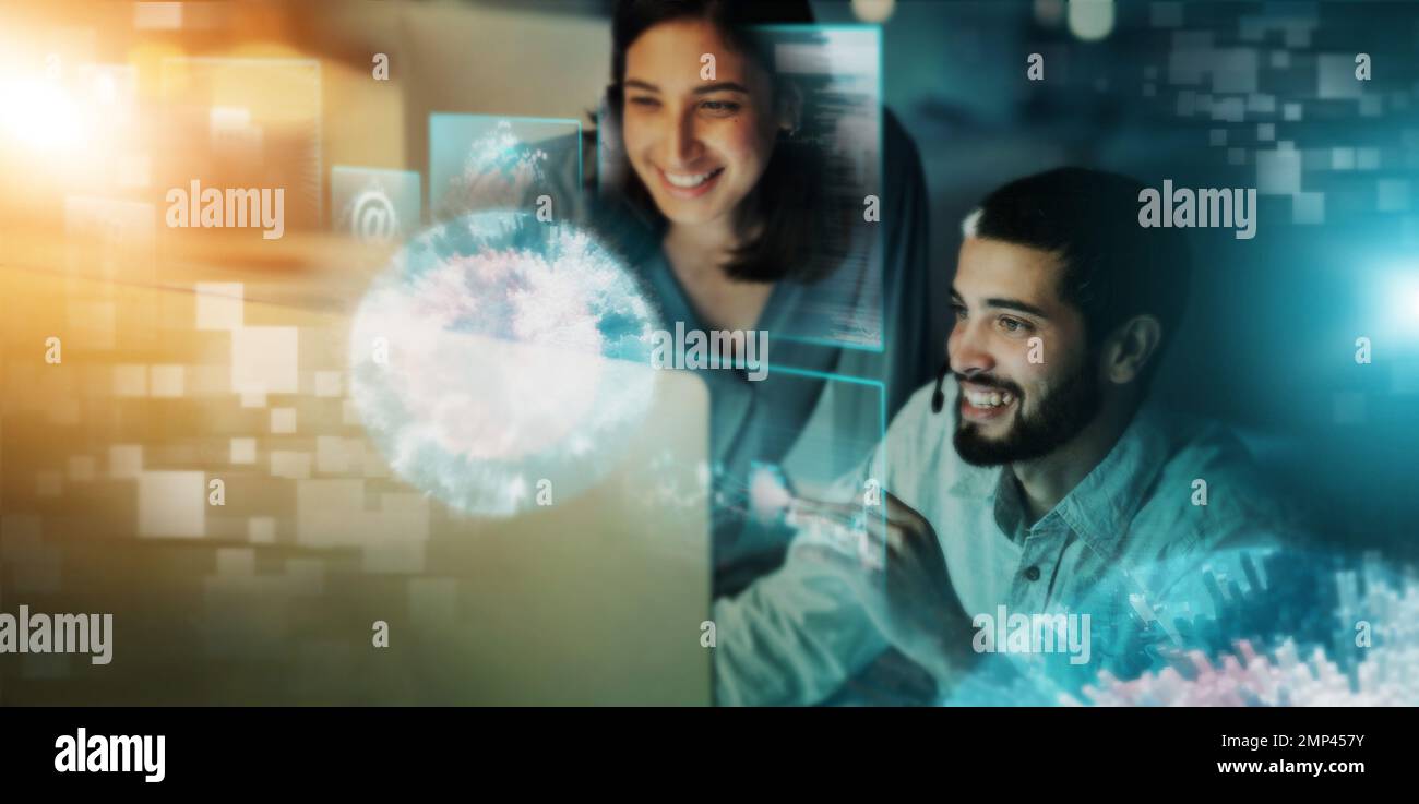 Futuristic, man and woman with hologram, overlay and communication with ...