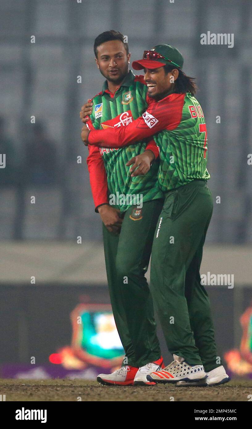 Bangladesh's Shakib Al Hasan, left, celebrates with his teammate Anamul ...