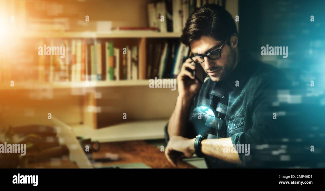 Digital transformation, futuristic and business man with phone call ...