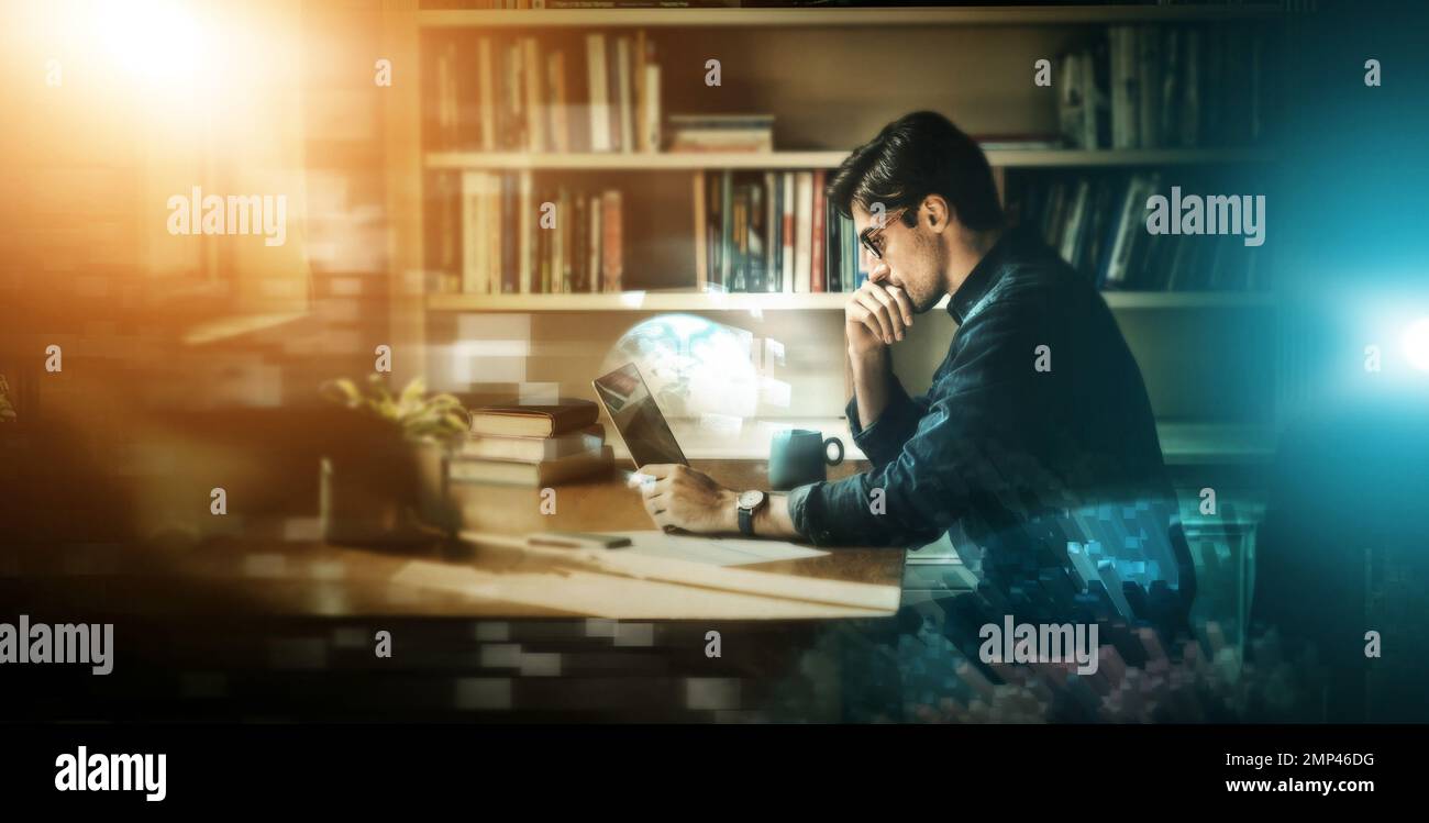 Digital transformation, futuristic and business man with laptop, email ...