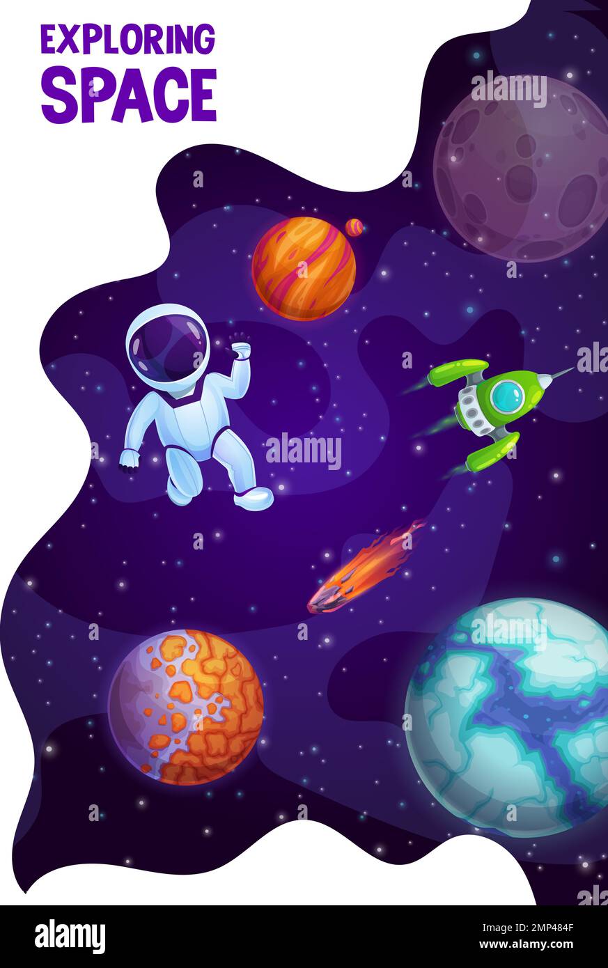 Cartoon space poster. Astronaut, rocket and space planets landscape ...