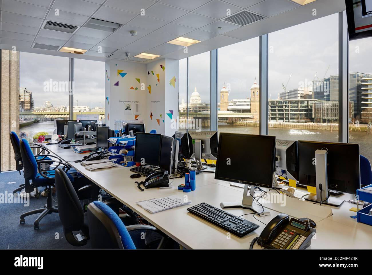 office desks terminals screen trading business city money empty trade ...