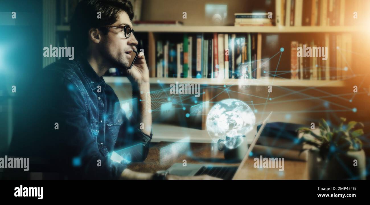 Digital transformation, world hologram and man with phone call ...