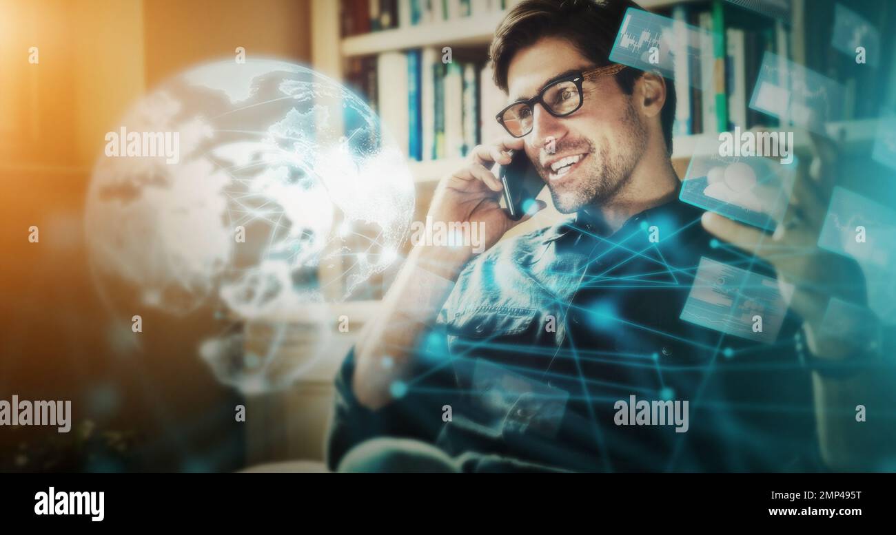 World hologram, digital transformation and futuristic, man and phone ...
