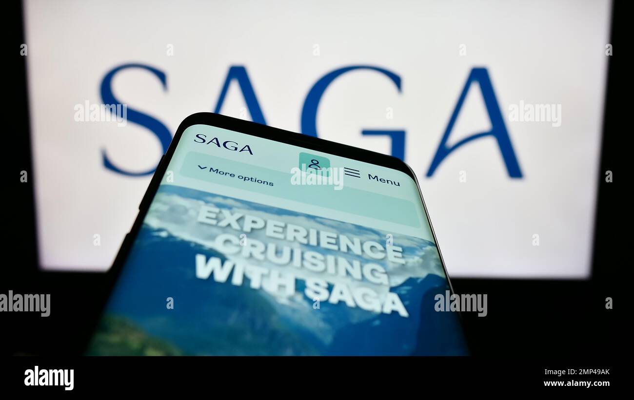 Mobile phone with webpage of travel and financial services company Saga ...