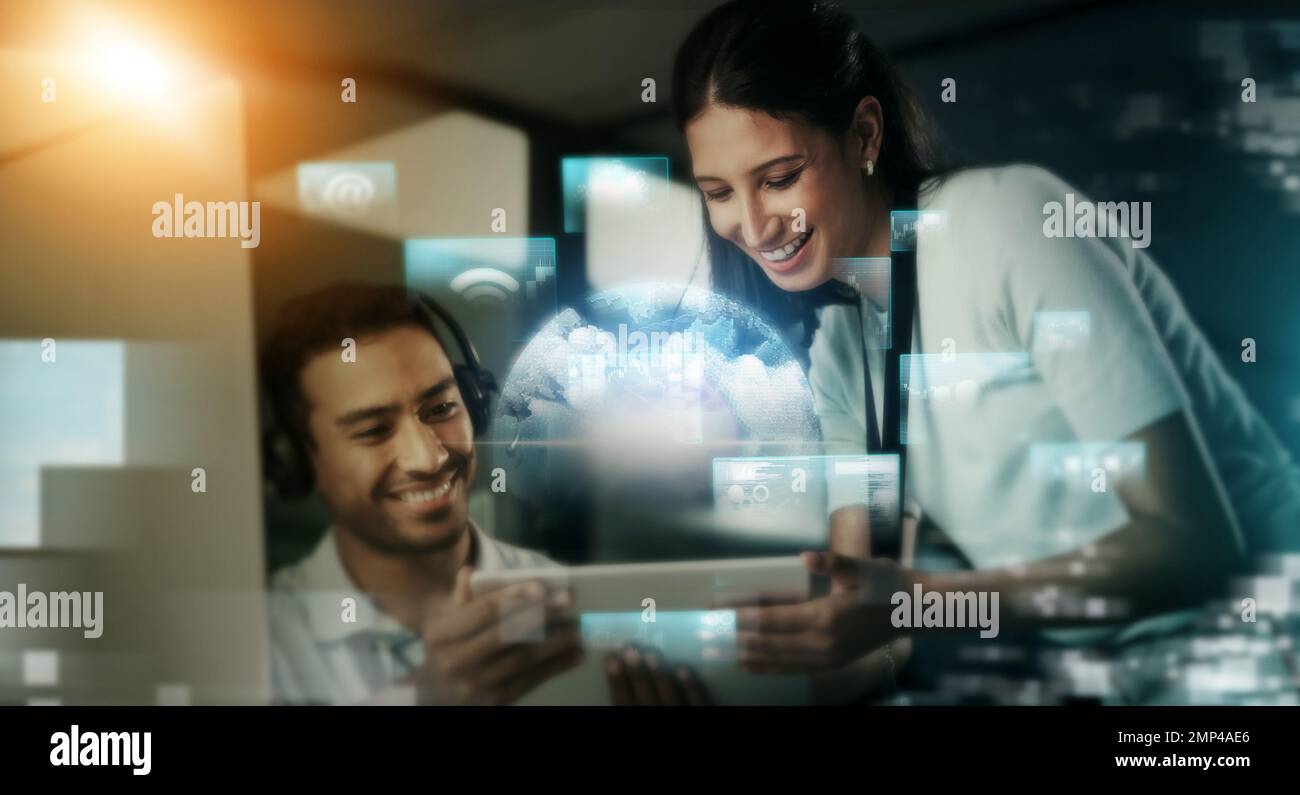 Overlay, future and woman with man, call center and telemarketing for ...