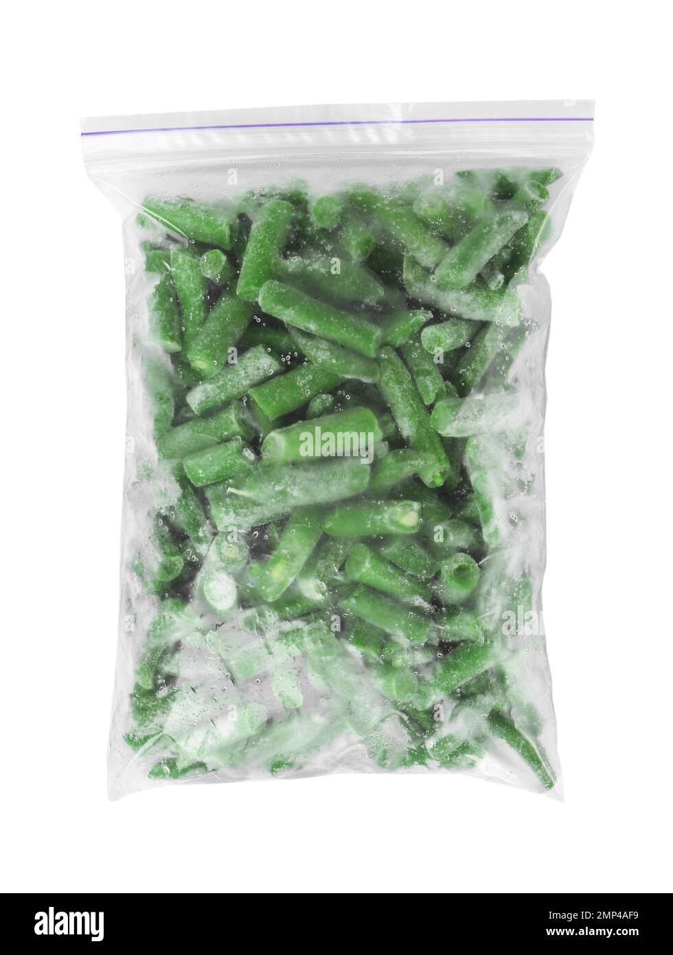 Frozen green beans in plastic bag isolated on white, top view ...
