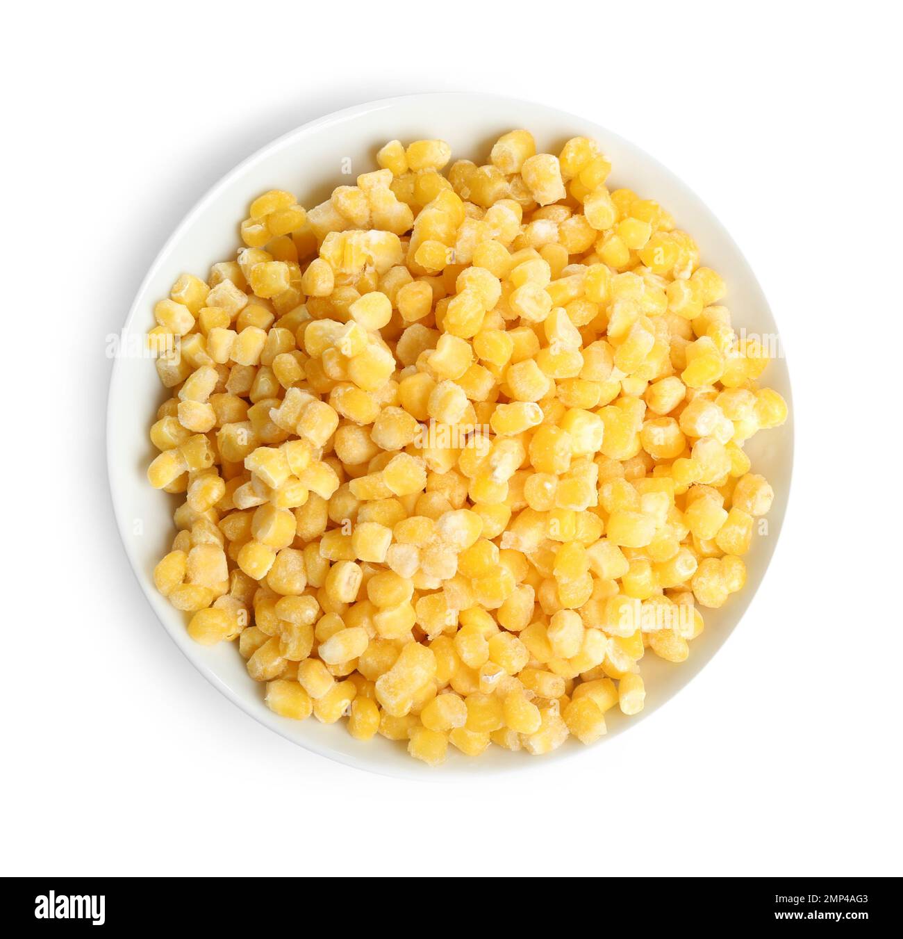 Frozen corn in bowl isolated on white, top view. Vegetable preservation ...