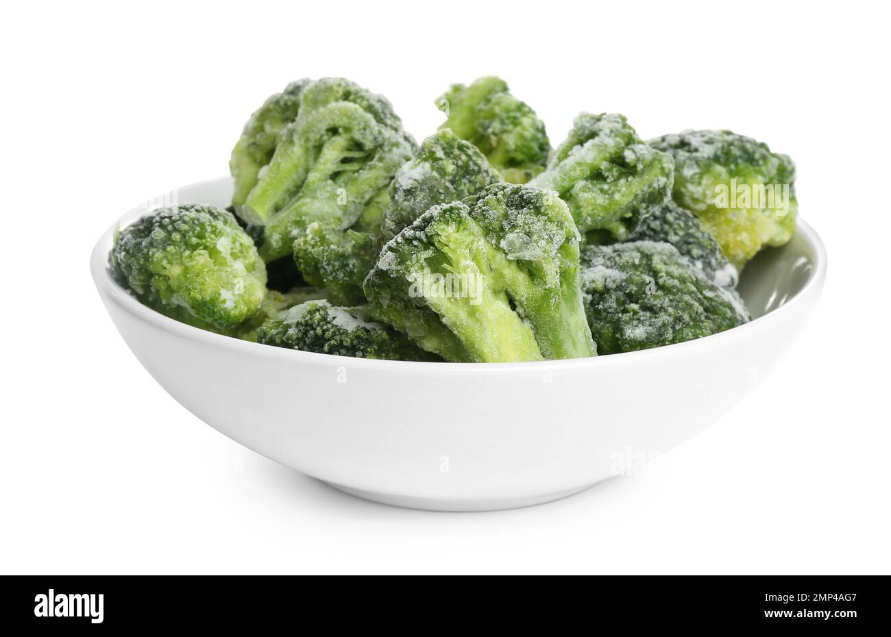 Frozen broccoli in bowl isolated on white. Vegetable preservation Stock ...