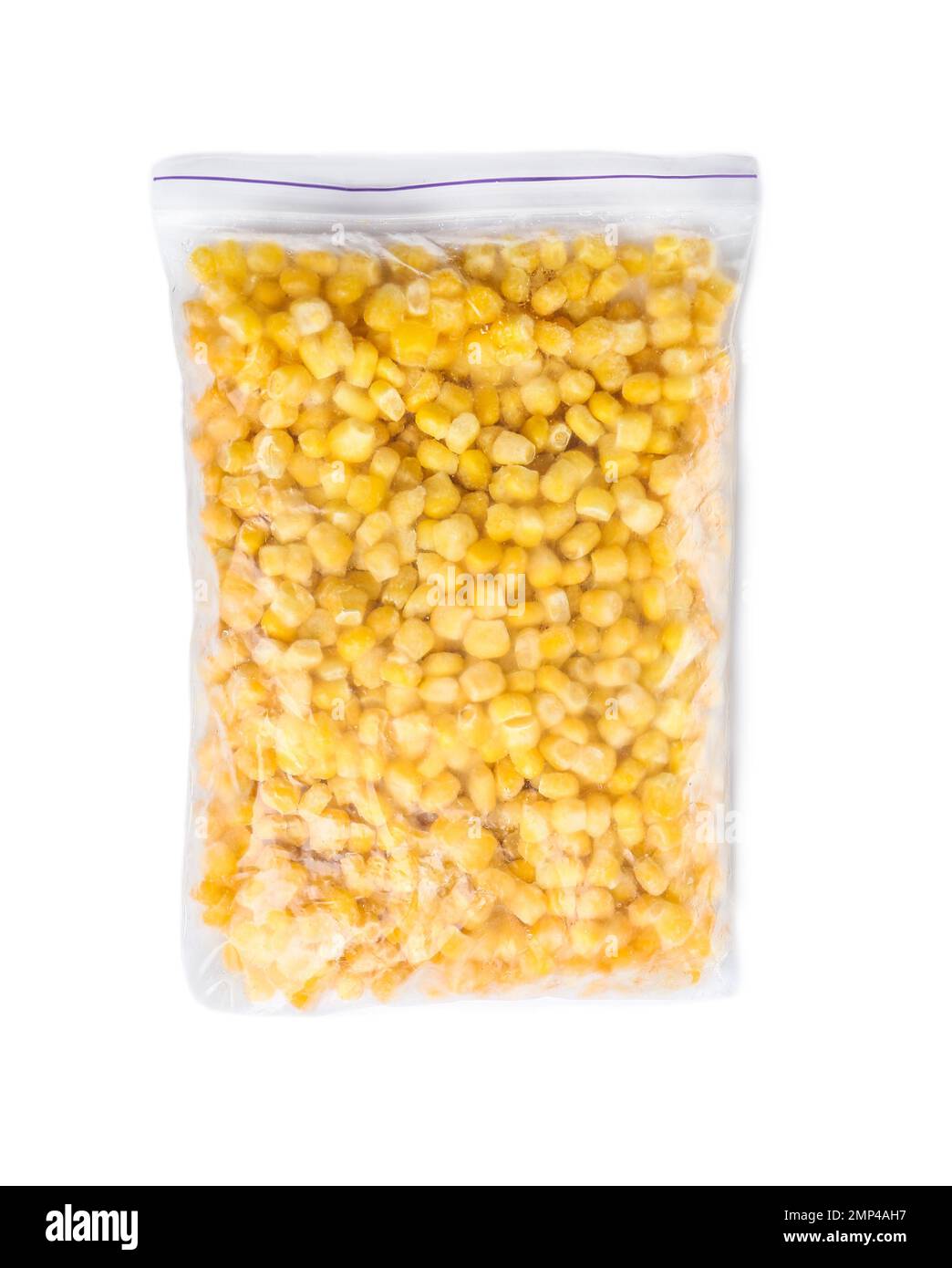 Frozen corn in plastic bag isolated on white, top view. Vegetable ...