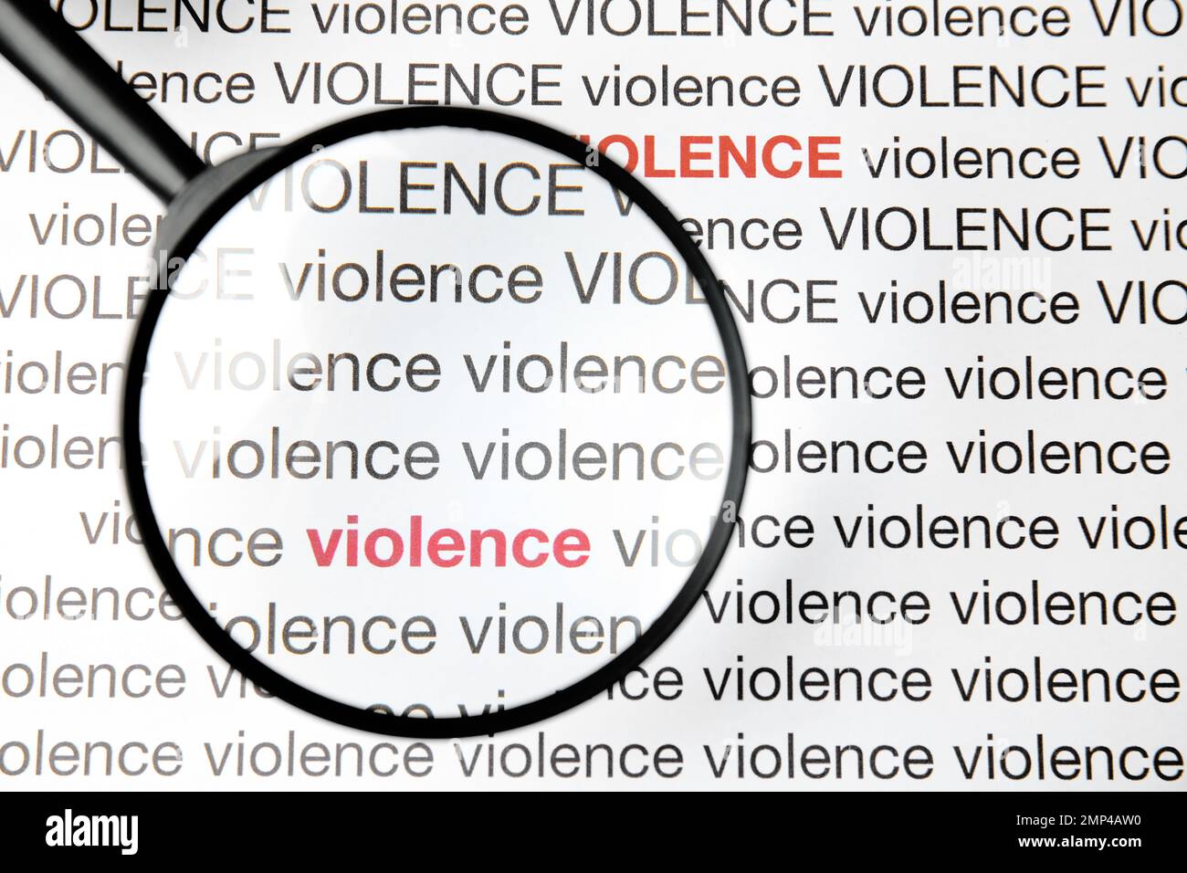 Word VIOLENCE under magnifying glass on white background, top view ...