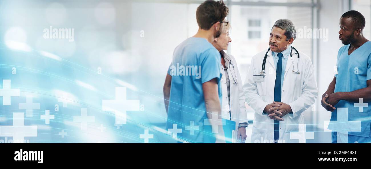 Healthcare overlay with doctors and nurses team at medical discussion ...