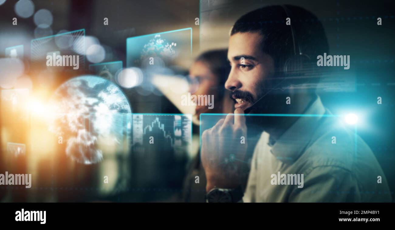 Overlay, futuristic and man in call center, hologram and talking for ...