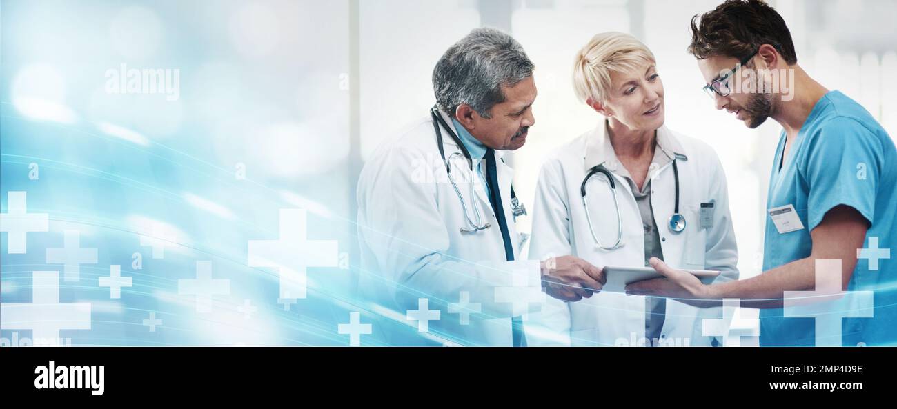 Healthcare, hologram and doctors with tablet, overlay and check charts ...