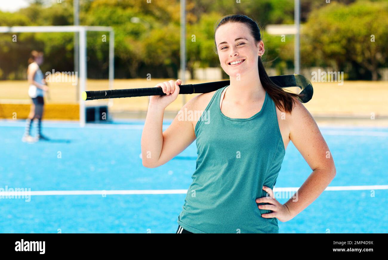 Girl, hockey athlete and happy portrait of a sport player on outdoor ...