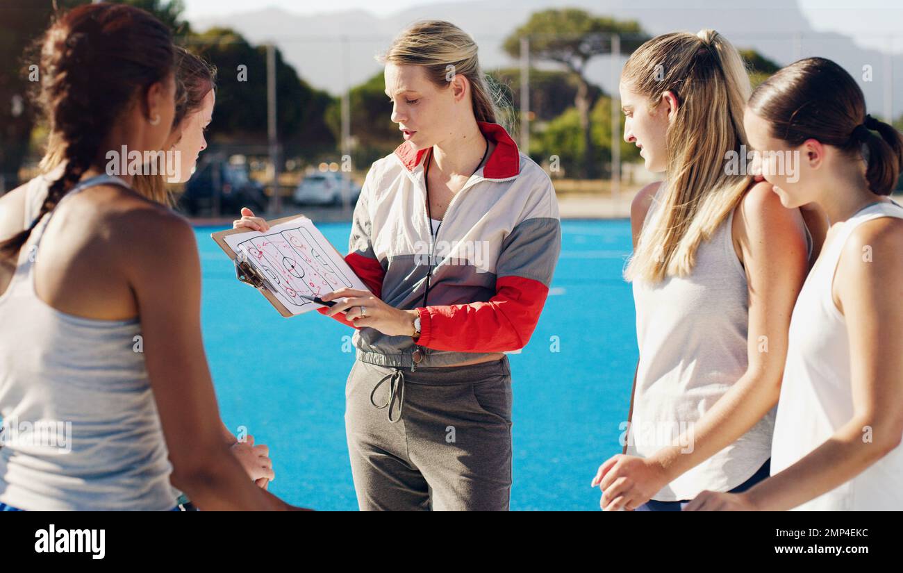 Sports, clipboard and team with coach for planning, game strategy and ...