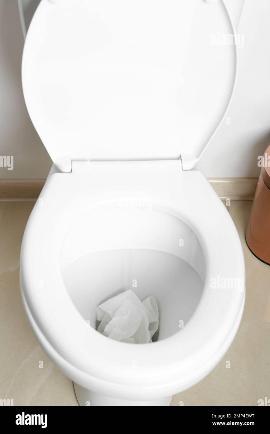 Sheets of paper in toilet bowl at home Stock Photo - Alamy