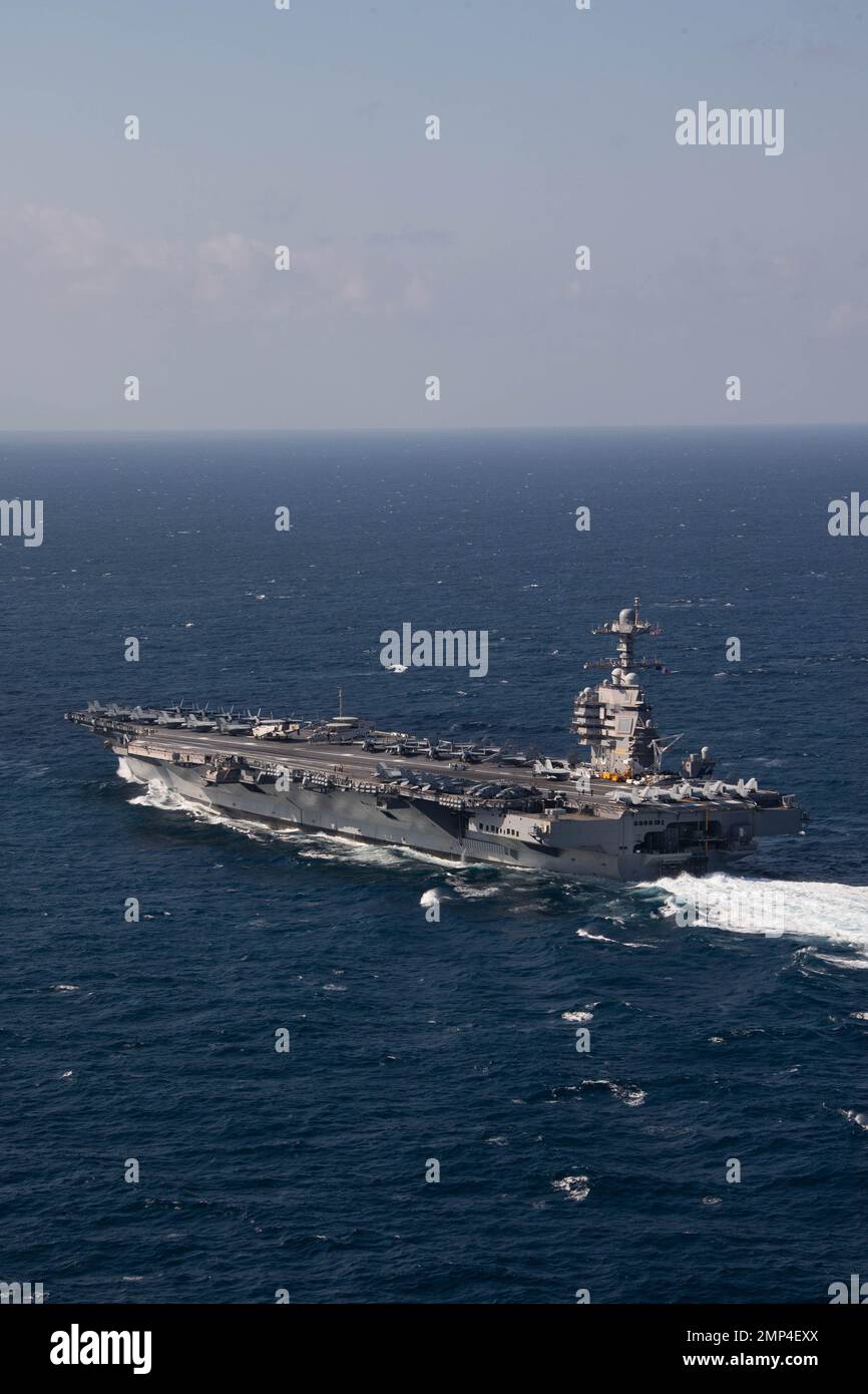 The first-in-class aircraft carrier USS Gerald R. Ford (CVN 78) steams the Atlantic Ocean during ...