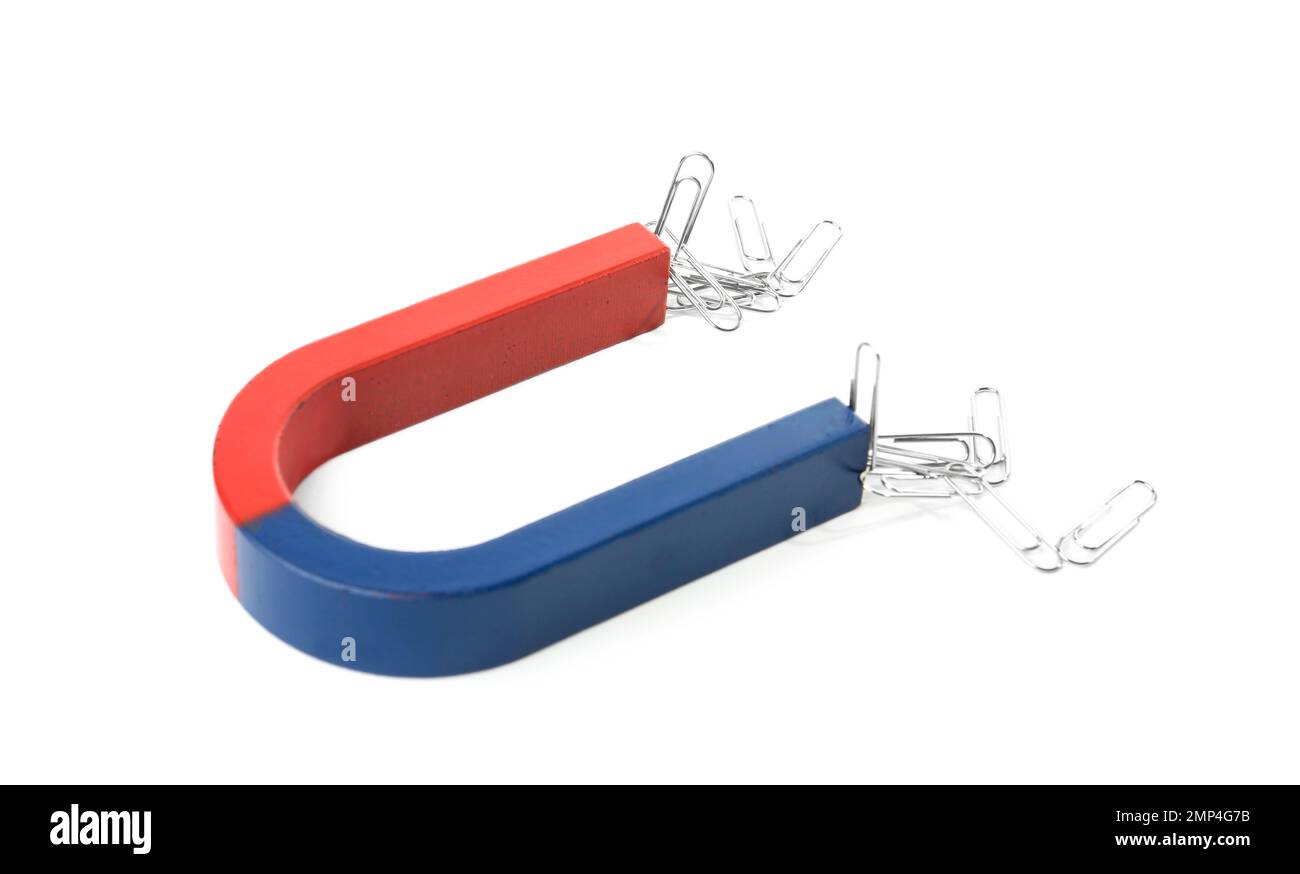 Magnet attracting paper clips on white background Stock Photo - Alamy