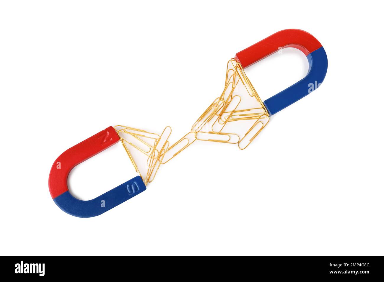 Magnets attracting paper clips on white background, top view Stock ...