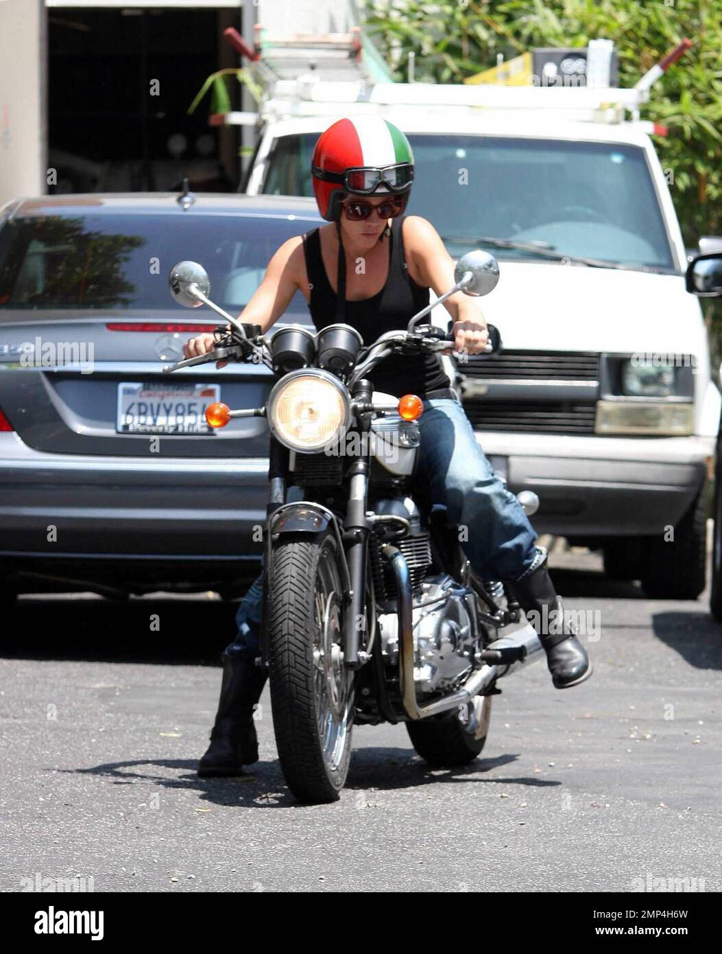 Pink was seen arriving on her Triumph motorcycle this afternoon at a ...
