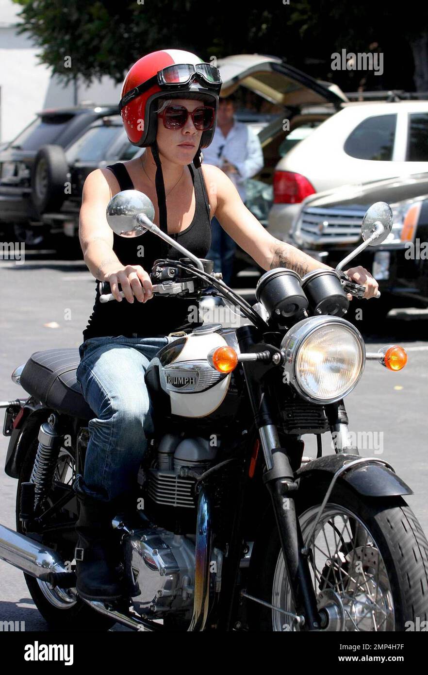 Pink was seen arriving on her Triumph motorcycle this afternoon at a Los Angeles photo studio ...