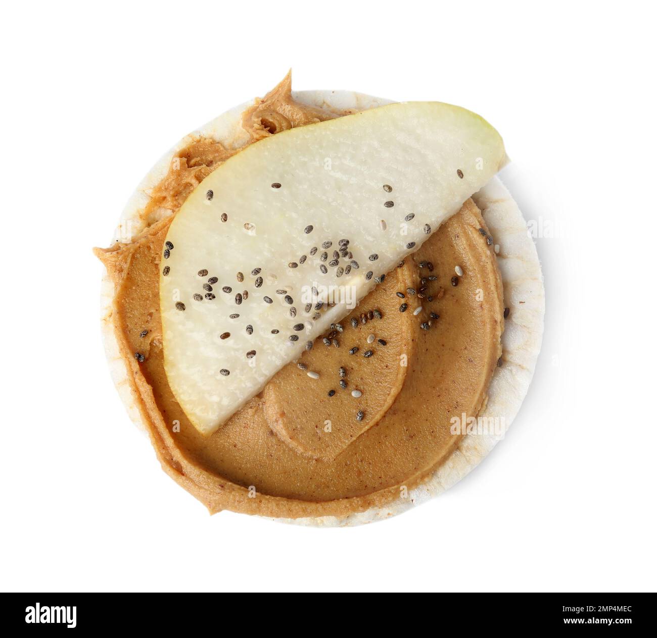 Puffed rice cake with peanut butter and pear isolated on white, top ...