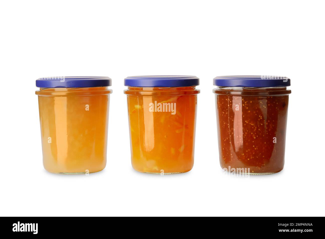 Jars of different delicious jams on white background Stock Photo - Alamy