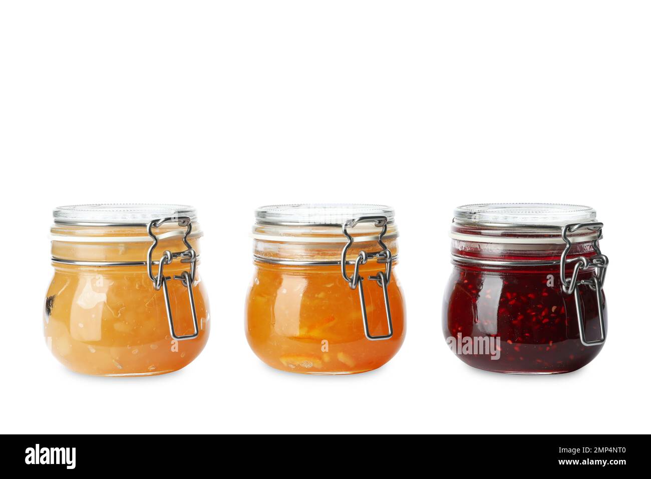 Jars of different delicious jams on white background Stock Photo - Alamy
