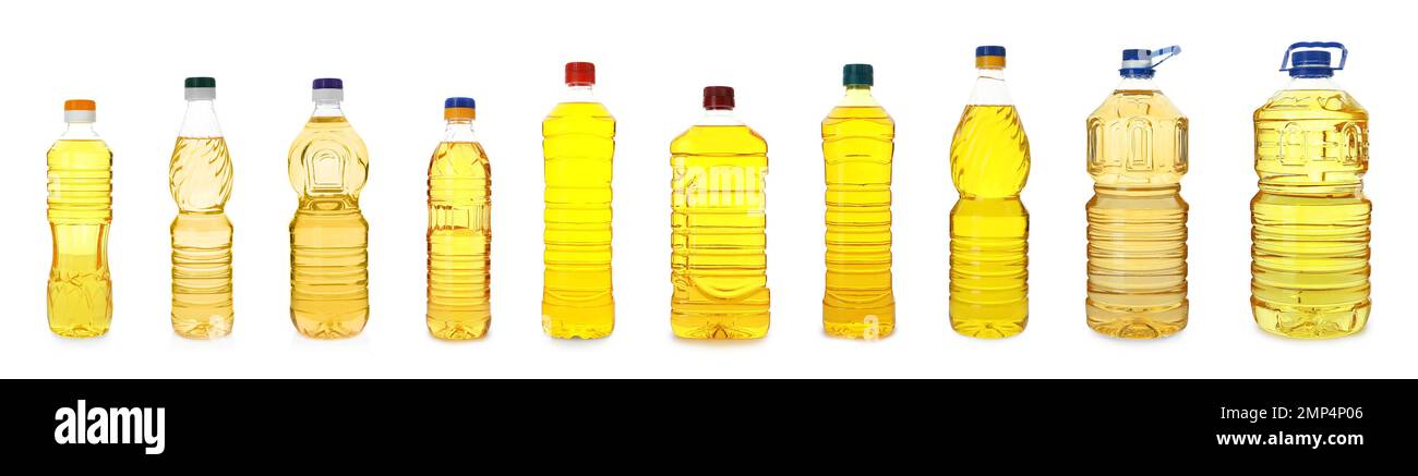 Set of bottles with cooking oil on white background. Banner design ...