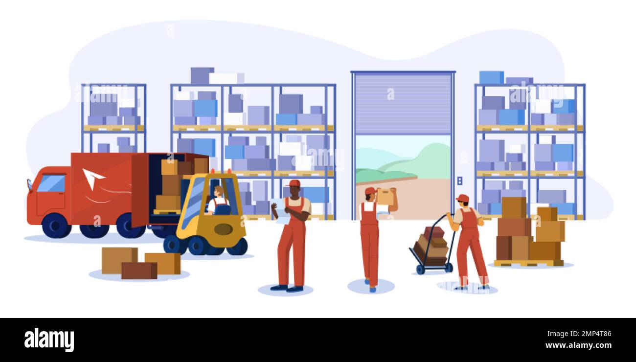 Flat warehouse logistics interior with forklift, lift truck with driver ...